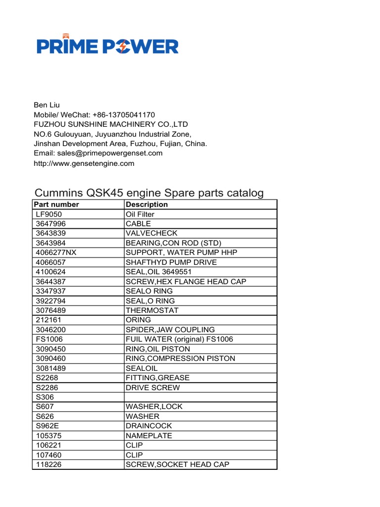 Cummins QSK45 Engine Spare Parts Catalog: Part Number Description | PDF ...