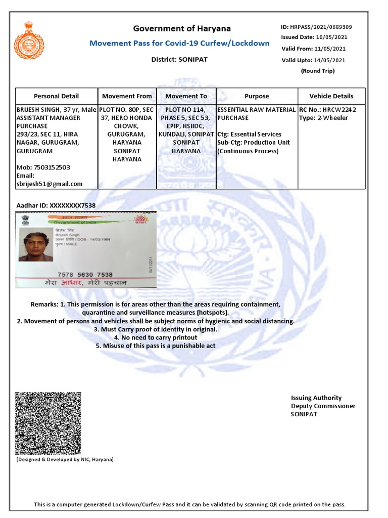 Government of Haryana: Movement Pass For Covid-19 Curfew/Lockdown | PDF