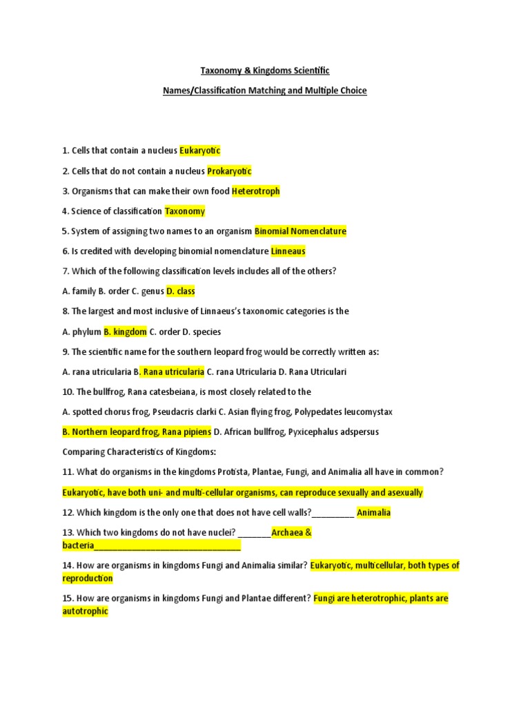Taxonomy & Kingdoms Scientific Names/Classification Matching and ...