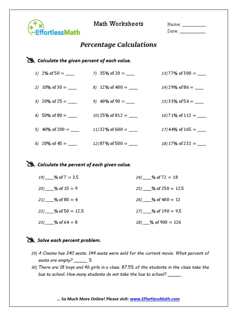 Percentage Calculations: Calculate The Given Percent of Each Value ...