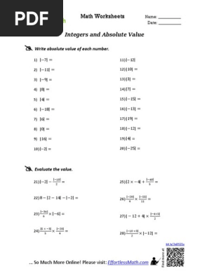 Absolute Value Problems Worksheet Pdf