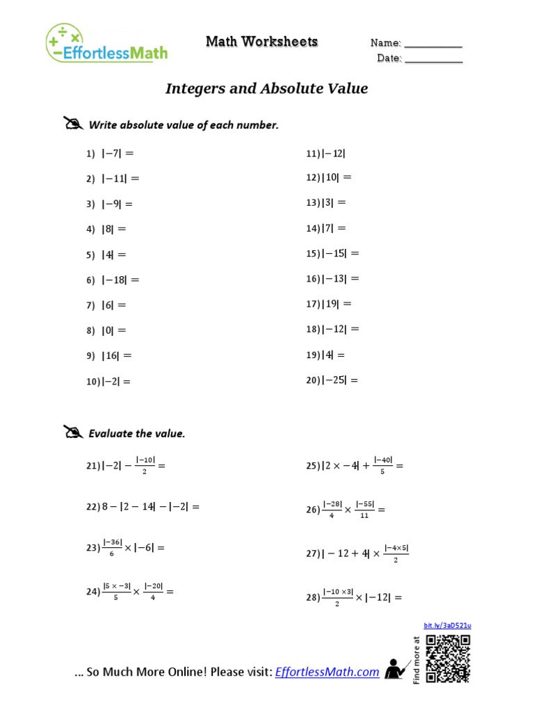 Integer and Absolute Value Worksheet | PDF | Numbers | Teaching Mathematics