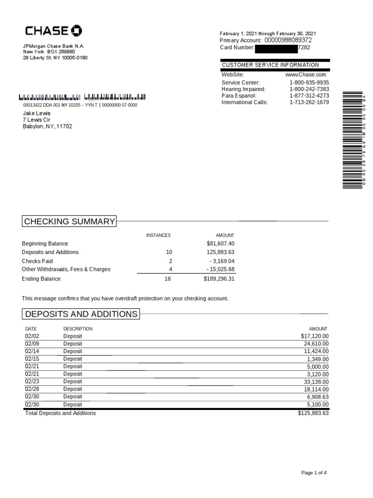 February 2021 Bank Statement for Jake Lewis | PDF | Cheque | Deposit ...