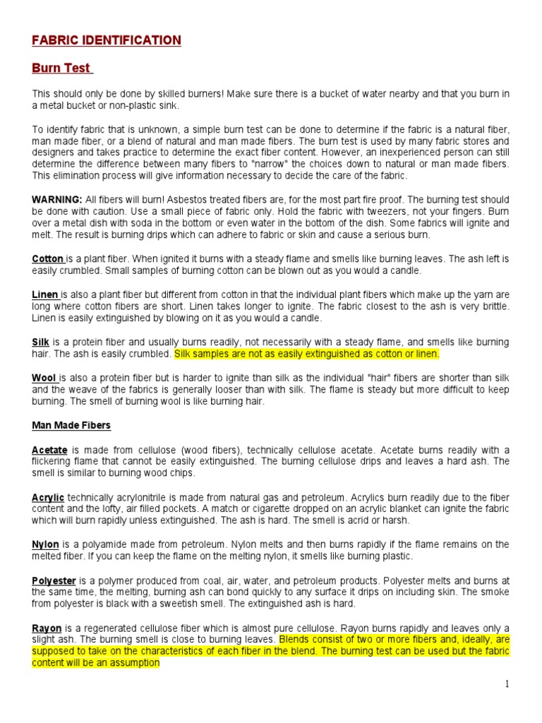 Fabric Identification Burn Test | PDF | Rayon | Nylon