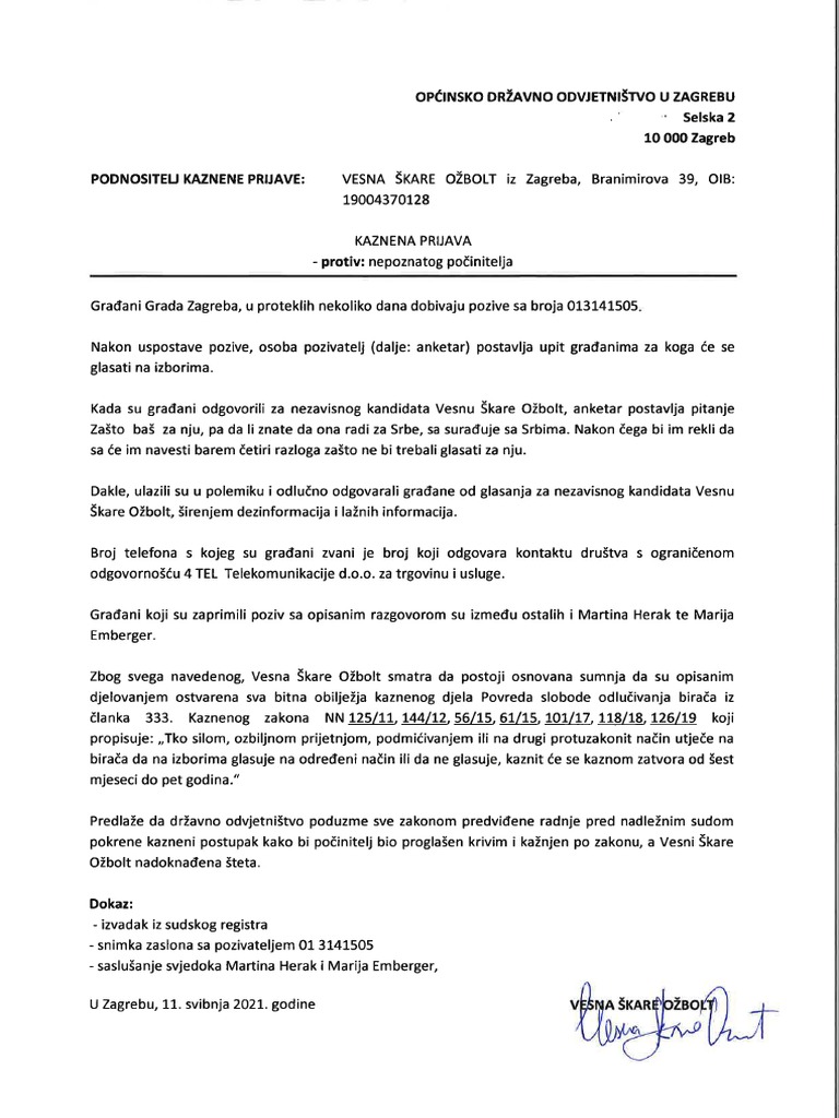 Kaznena Prijava Sa Prilozima VŠO - 11.05.2021. | PDF