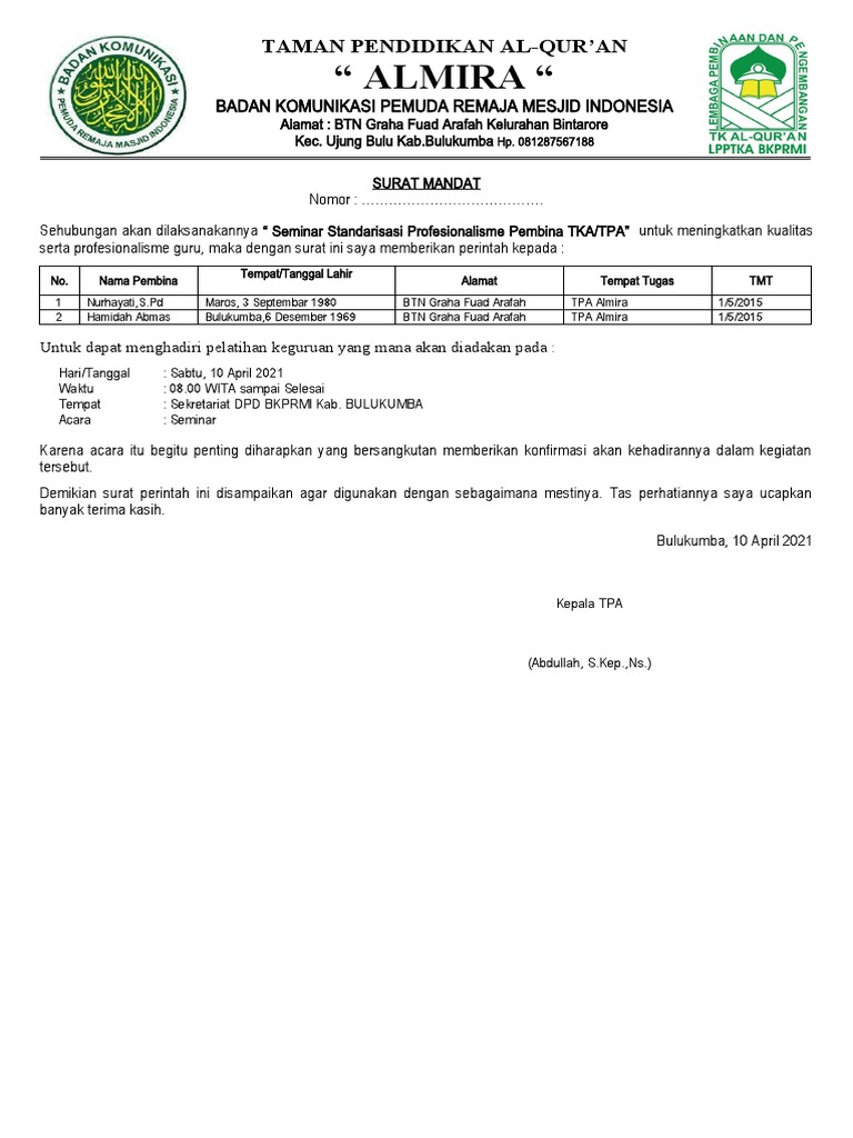 Surat Mandat Seminar TKA/TPA Almira | PDF