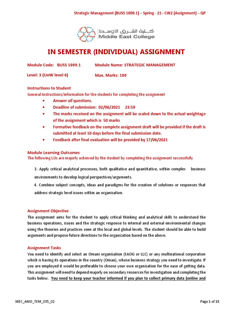 SM Buss 1009.1 Cw2 Assignment Spring 21 | PDF | Strategic Management | Evaluation
