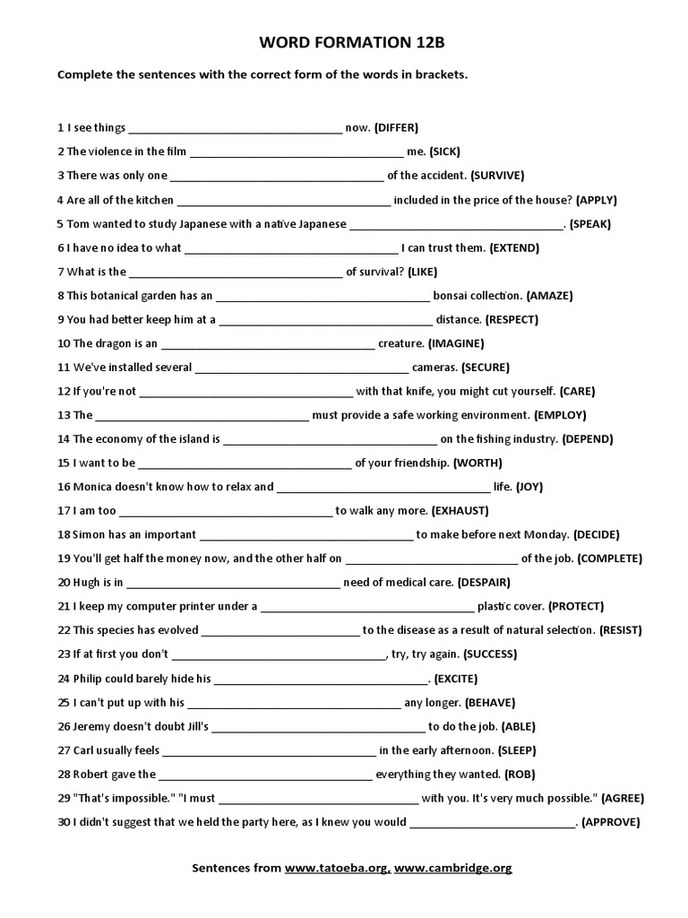 Word Formation 12B: Complete The Sentences With The Correct Form of The ...