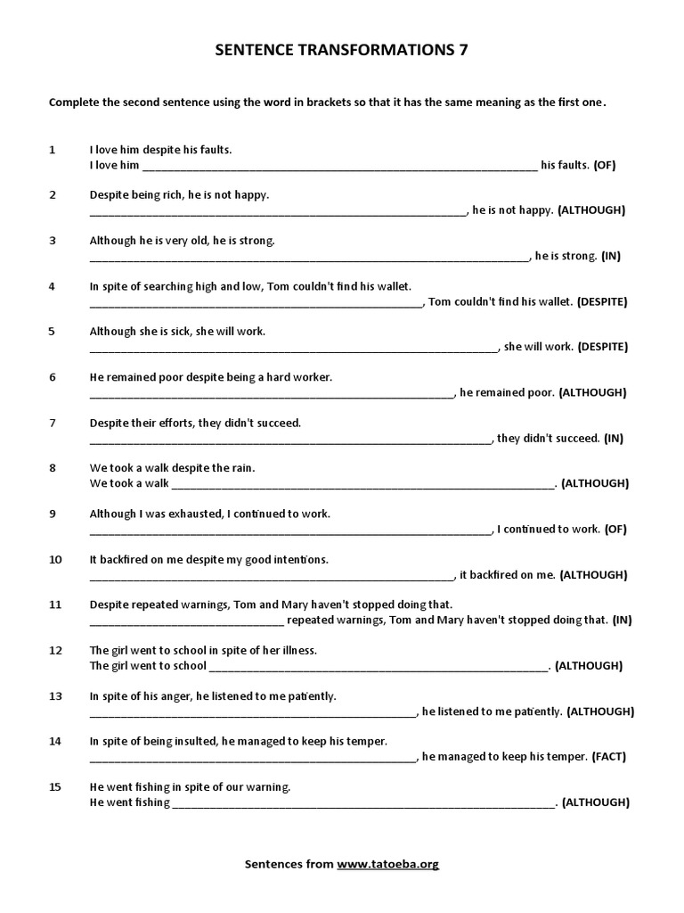 Sentence Transformations 7 Although Despite in Spi 109018 | PDF Sentence Transformations 7 Although Despite in Spi 109018 | PDF