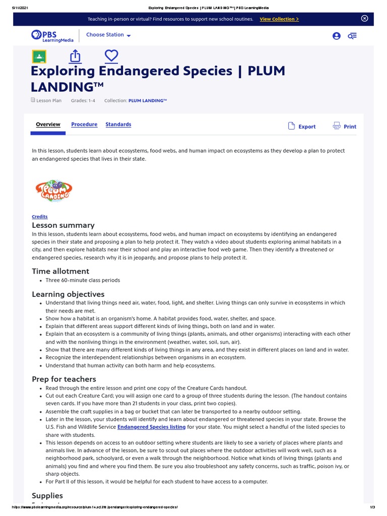 Exploring Endangered Species - PLUM LANDING™ - PBS LearningMedia | PDF ...