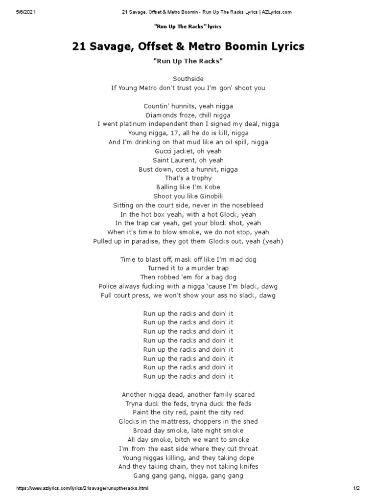 21 Savage, Offset & Metro Boomin - Run Up The Racks Lyrics | PDF