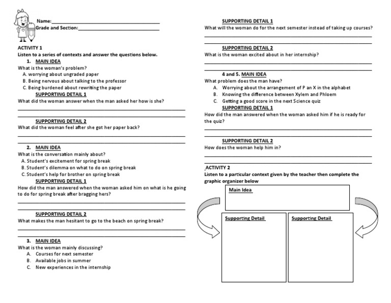 Listening For Main Idea Tests Worksheet Templates Layouts 113689 | PDF