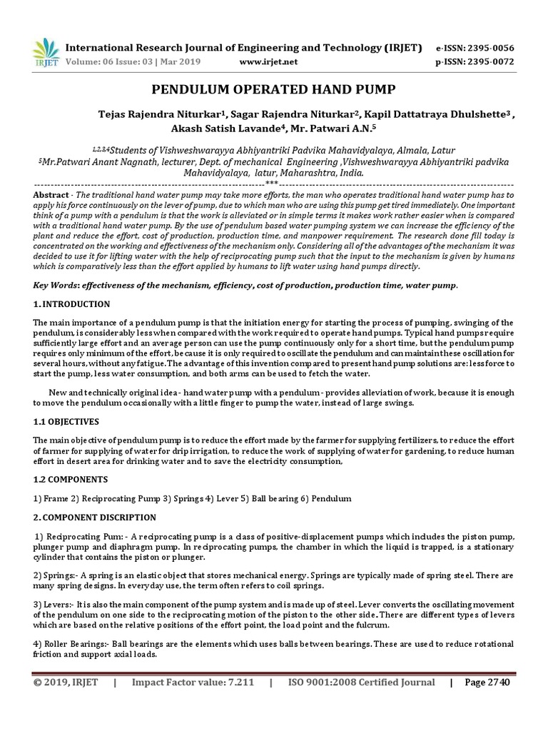 Pendulum Operated Hand Pump | PDF | Pendulum | Screw