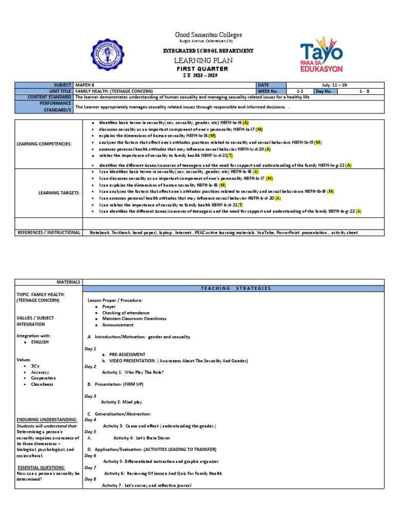 Lesson Plan HEALTH 8 | PDF | Human Sexuality | Attitude (Psychology)