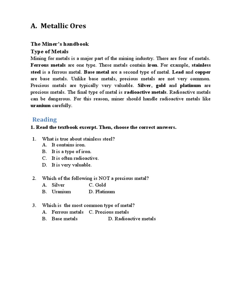 Exercises On Mining Engineering Reading Texts | PDF | Ton | Metals