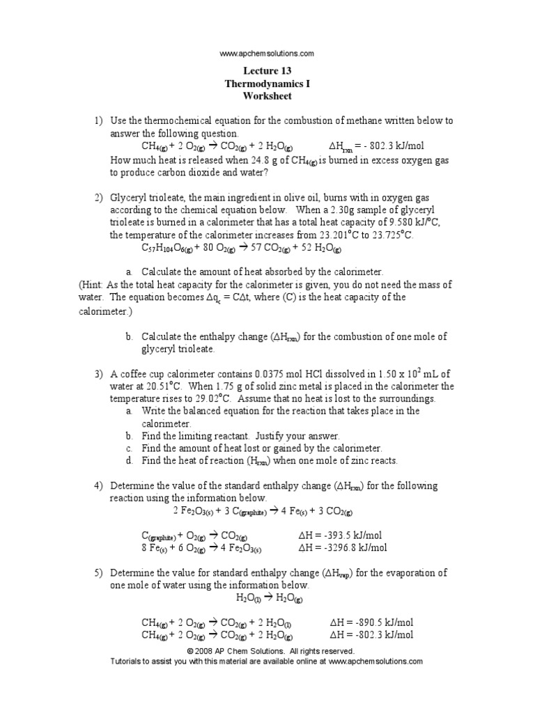 Thermodynamics I Worksheet: 4 (G) 2 (G) 2 (G) 2 (G) RXN 4 (G) | PDF ...