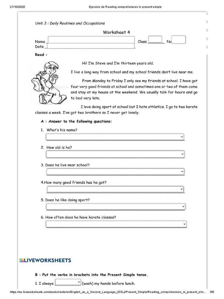 Ejercicio de Reading Comprehension in Present Simple | PDF