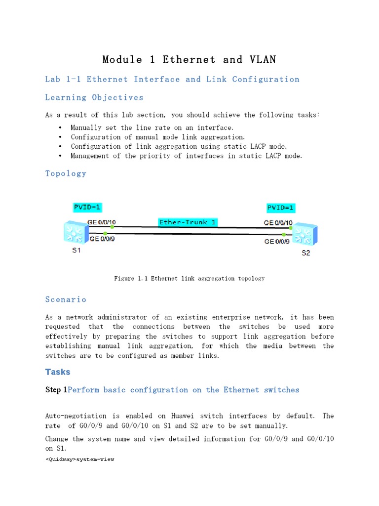 Module 1 Ethernet and VLAN: Lab 1-1 Ethernet Interface and Link Configuration Learning ...