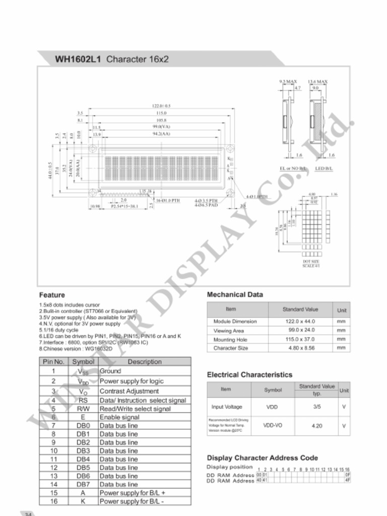 Datasheet LCD 16x4 - WH1602L1 | PDF