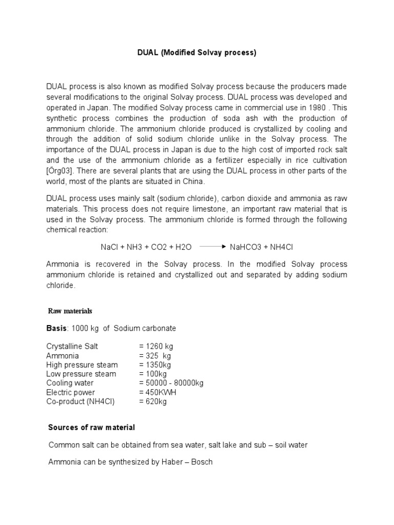 DUAL (Modified Solvay Process) : Raw Materials | PDF | Sodium Carbonate ...