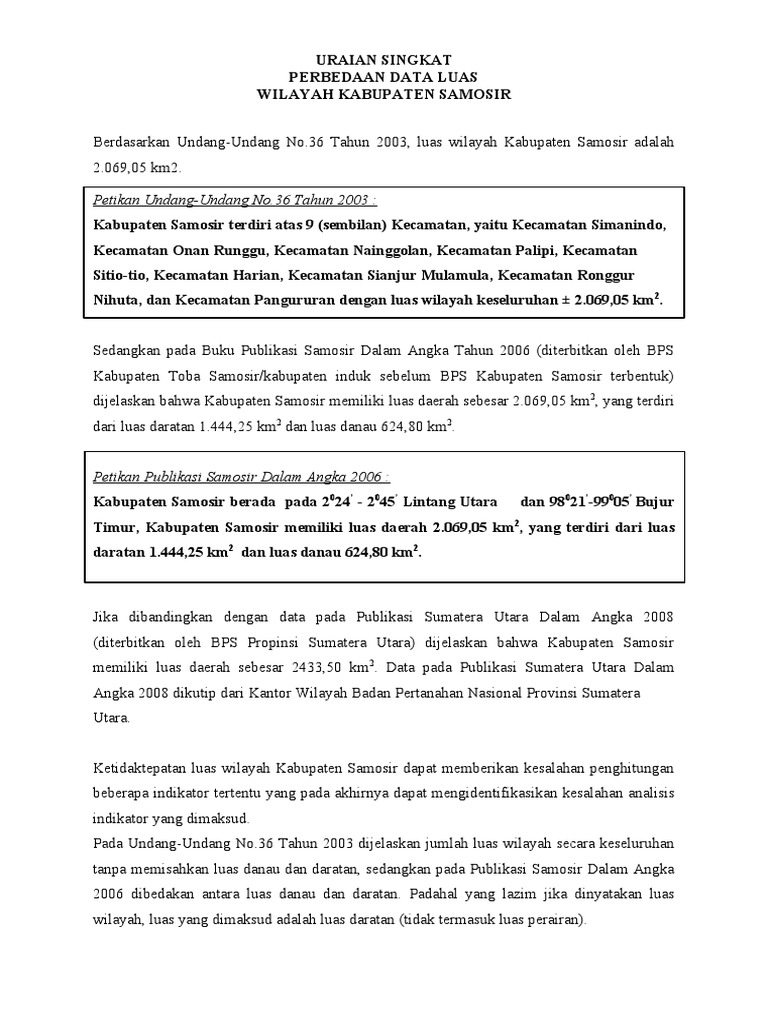 Luas Wilayah Kabupaten Samosir | PDF