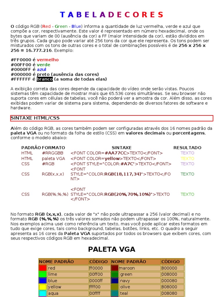 Tabela de Cores | PDF | Modelo de cores RGB | Cor