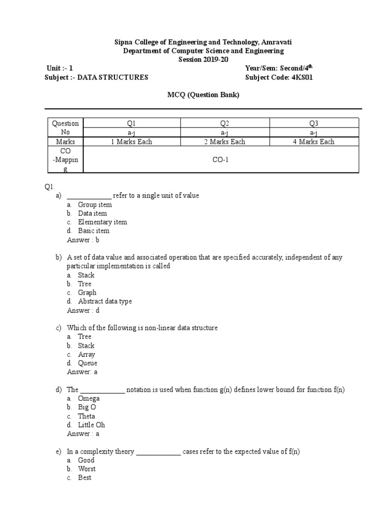 Mcq Ds Unit 1 To 6 Pdf Queue Abstract Data Type Array Data Structure 