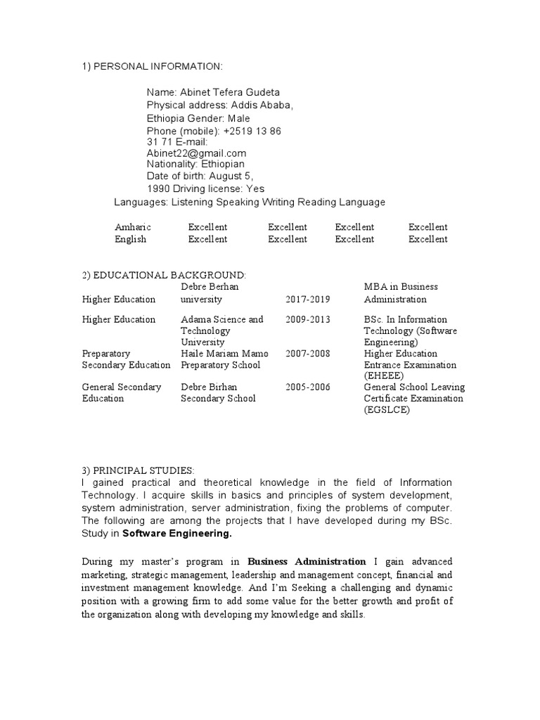 Abinet Tefera CV | PDF | Programmer | Ethiopia
