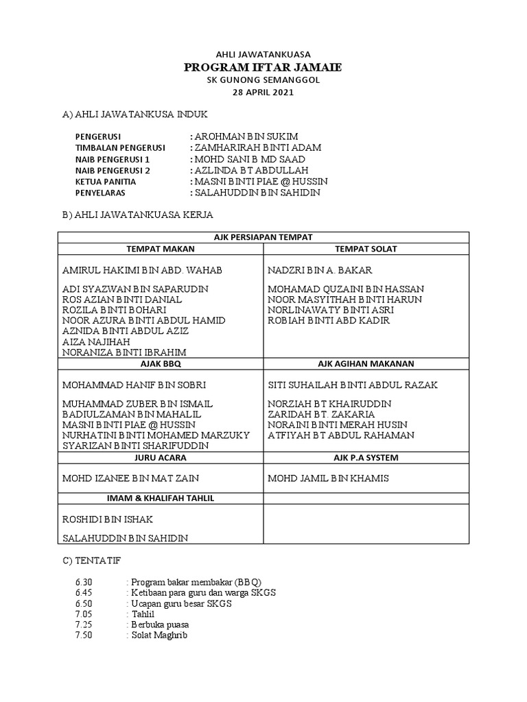 Ahli Jawatankuasa Iftar Jamaie 2021 | PDF