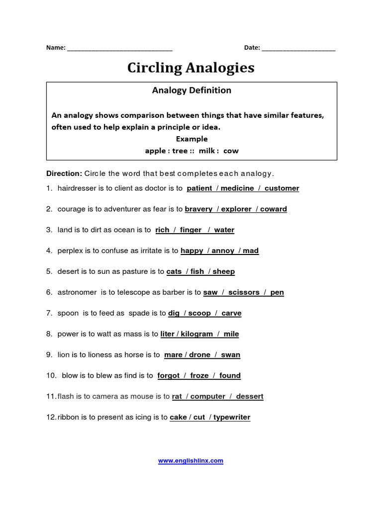 Analogies Practice Worksheet | PDF
