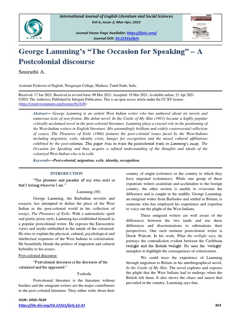 George Lamming's "The Occasion For Speaking" - A Postcolonial Discourse ...