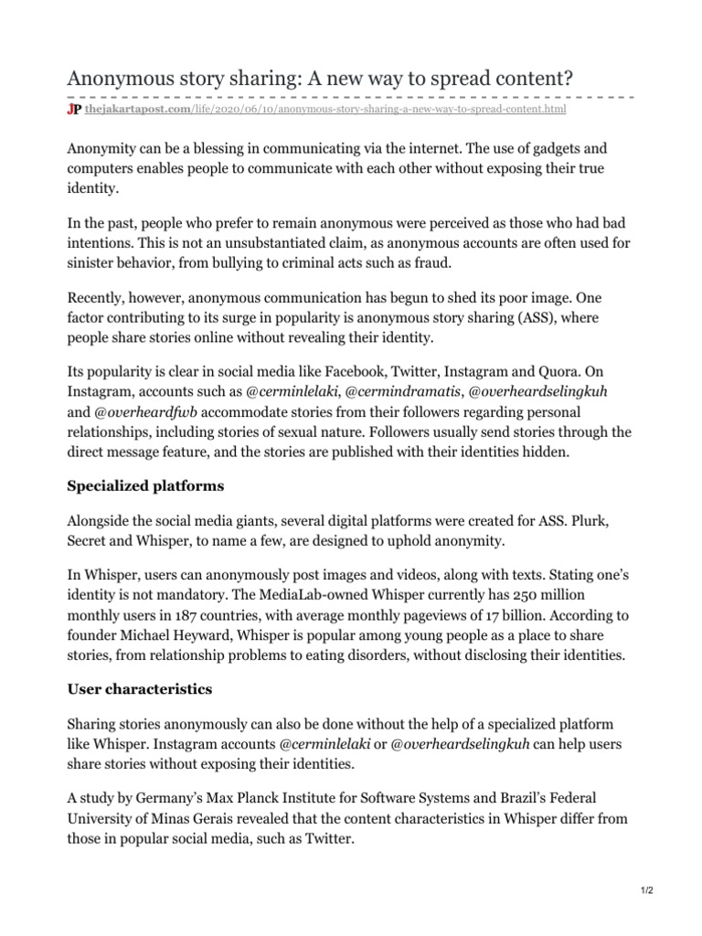 Anonymous Story Sharing A New Way To Spread Content | PDF | Anonymity ...