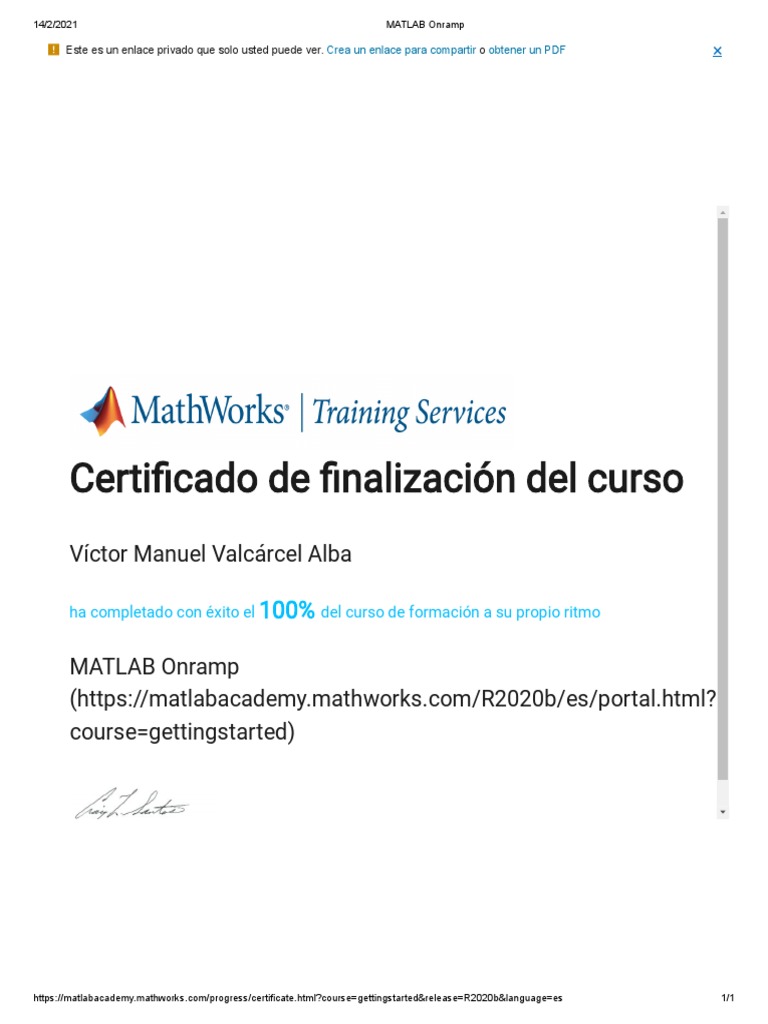 Matlab Onramp Certificado Victor Manuel Valcarcel Alba | PDF
