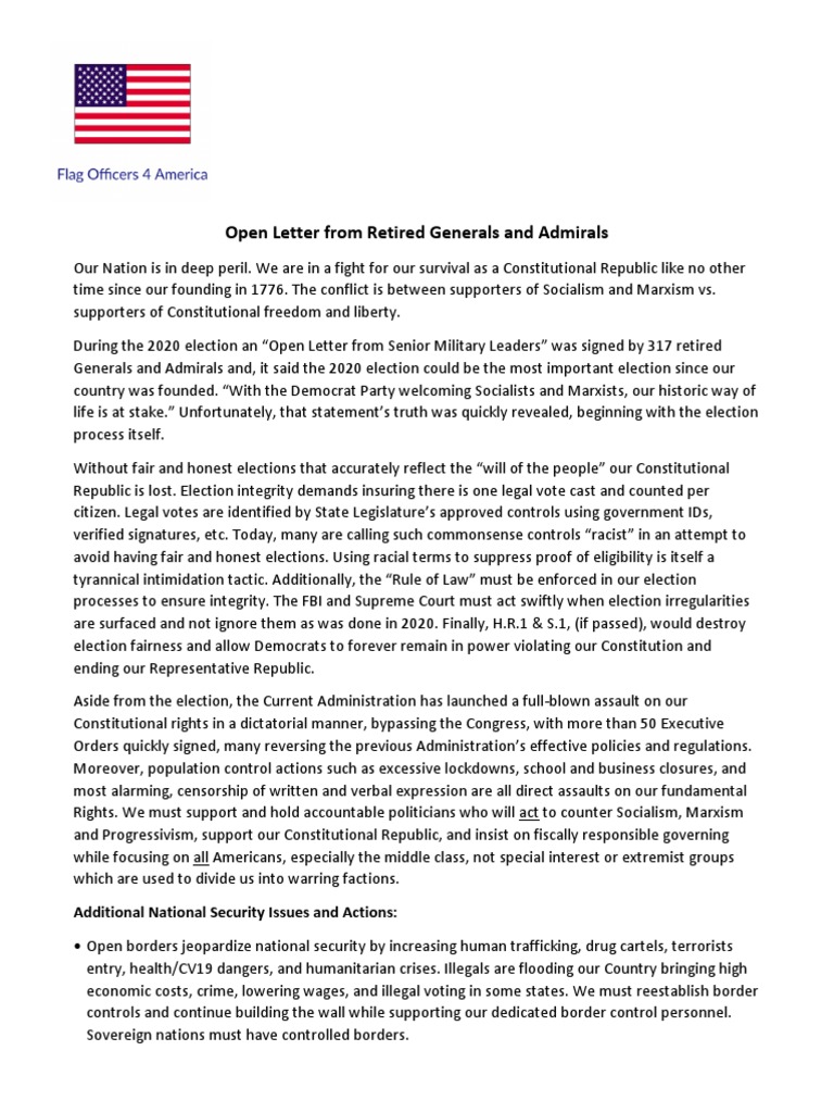 2021 Open Letter From Retired Generals and Admirals 9 May 2021 | PDF ...