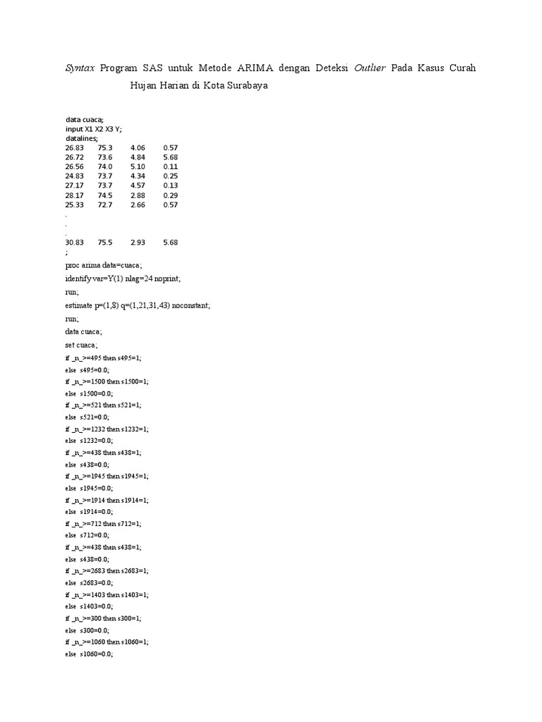 Syntax SAS Metode ARIMA Dengan Deteksi Outlier | PDF | Teaching ...
