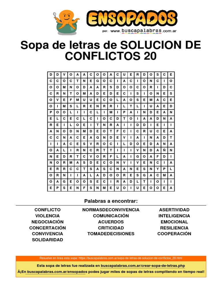 Sopa De Letras De Solucion De Conflictos 20 Pdf Violencia