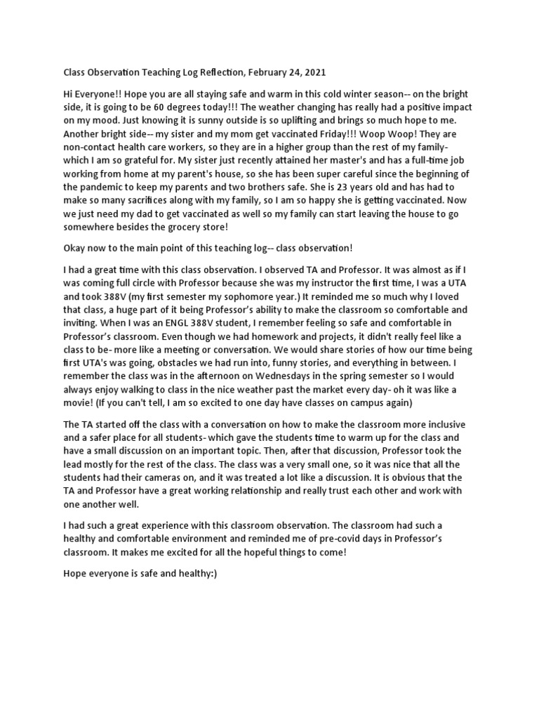 Class Observation Teaching Log Reflection | PDF | Classroom