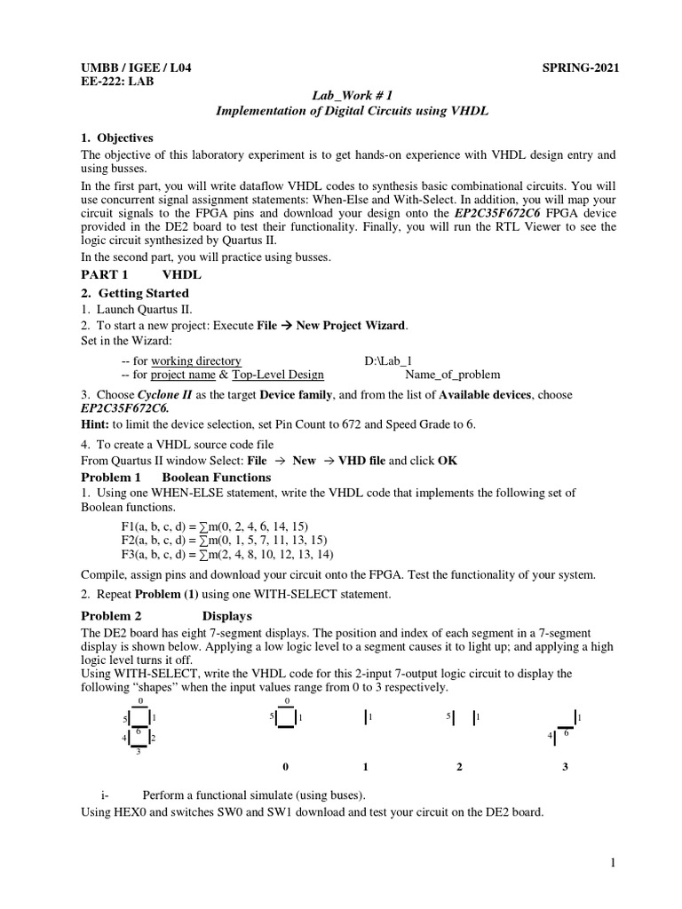 Lab Work 1 Ee222 Spring 2021 | PDF | Vhdl | Field Programmable Gate Array