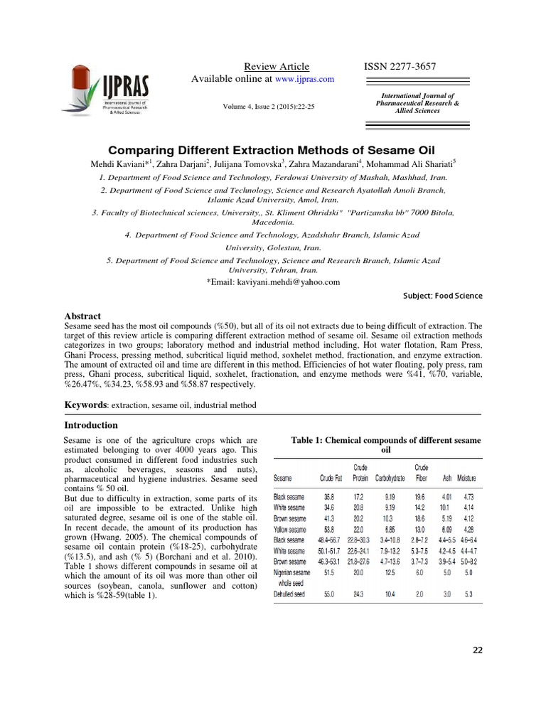 Comparing Different Extraction Methods O Pdf Sesame Chemical