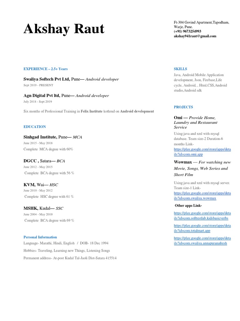 Akshay Raut: Swaliya Softech PVT LTD, Pune - Android Developer | PDF | Information Technology ...