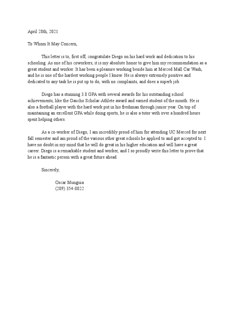 Letter of Recommendation For Diego | PDF