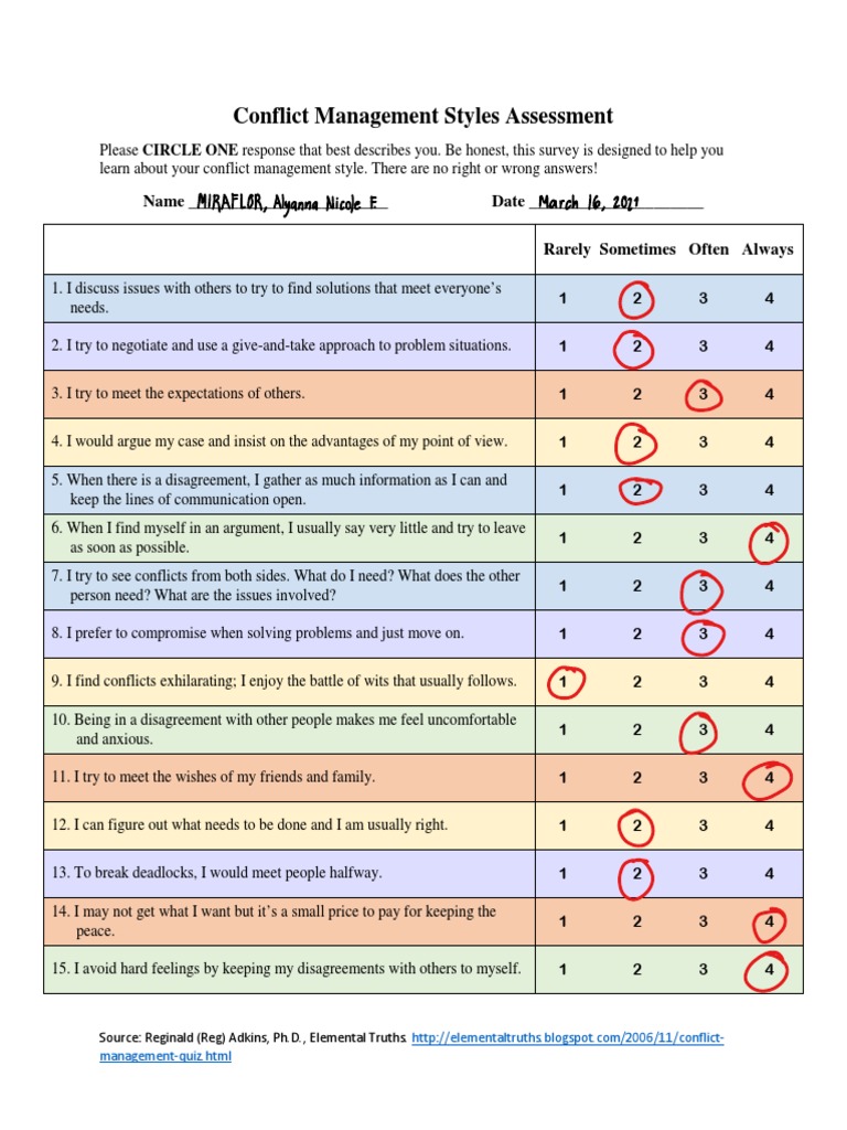 Conflict Management Styles Assessment: Name - Date | PDF | Goal ...