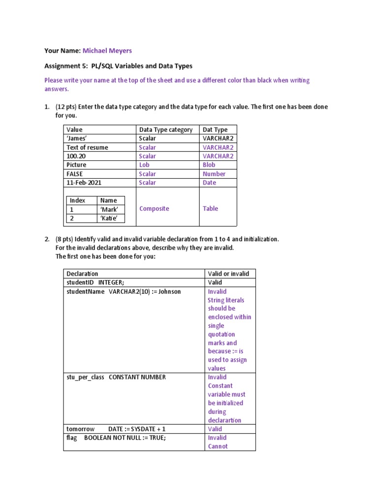 Assignment 5 Plsql Variables And Data Types Pdf Variable Computer Science Data Type