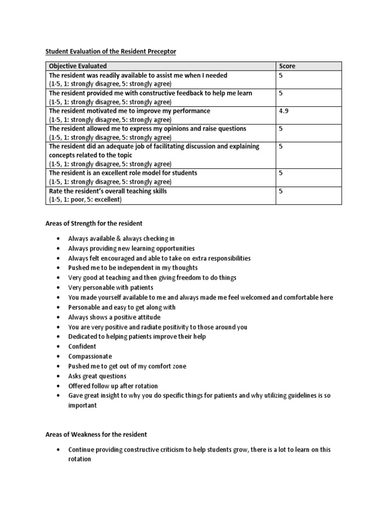 Student Evaluation of The Resident Preceptor | PDF