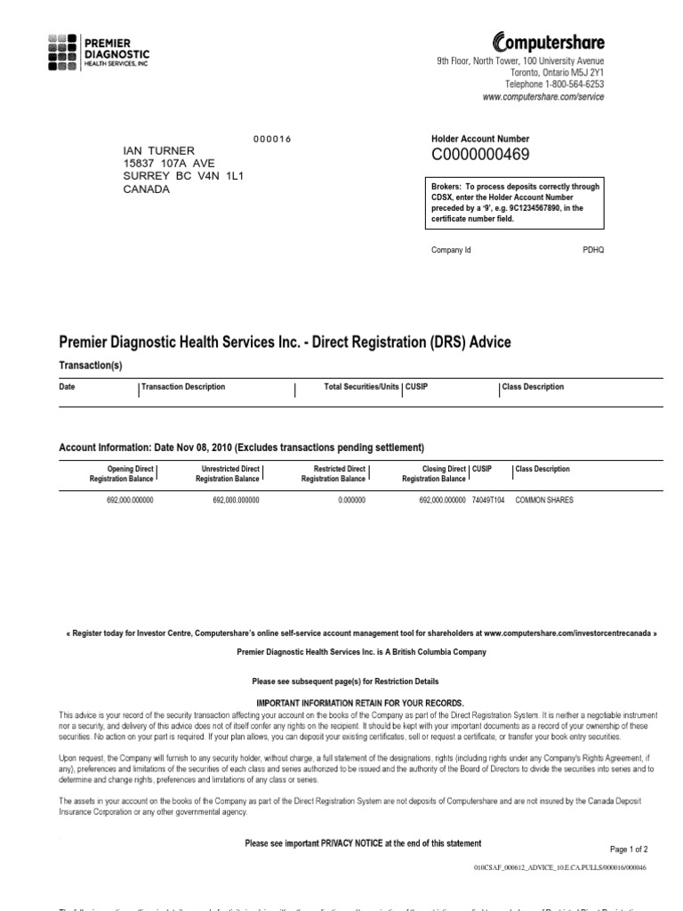 Premier Diagnostic Health Services Inc. - Direct Registration (DRS ...