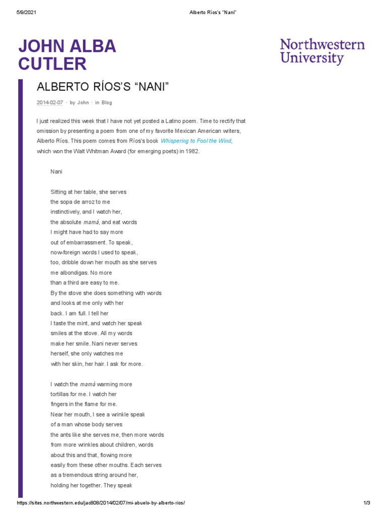 Alberto Ríos's "Nani" | Download Free PDF | Poetry | Languages