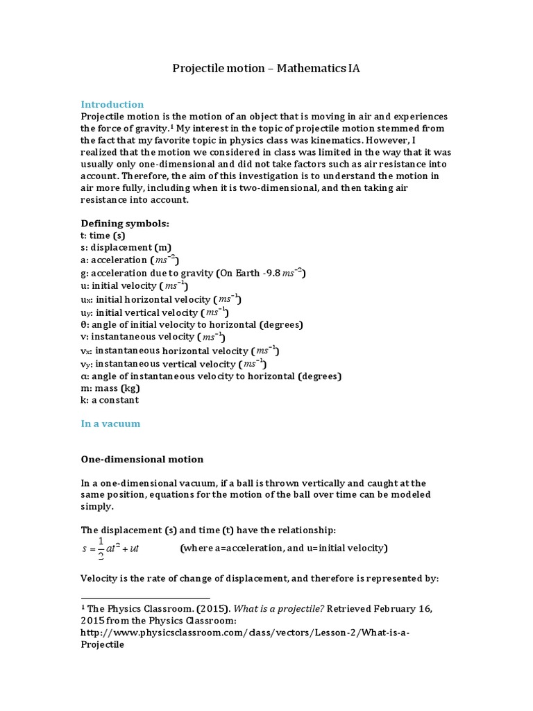 Projectile Motion - Mathematics IA: Defining Symbols | PDF | Velocity ...