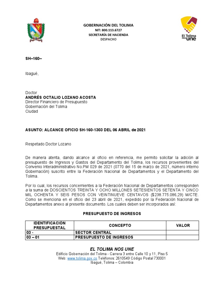 OFICIO INCORPORACION CONVENIO (Adición) | PDF | Economias | Presupuestos y Presupuestos