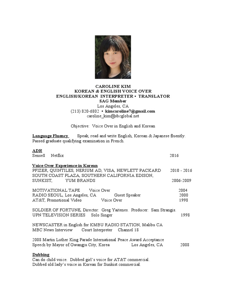 Voice Over 2018 Resume Sag Korean English | PDF | Korean Language ...