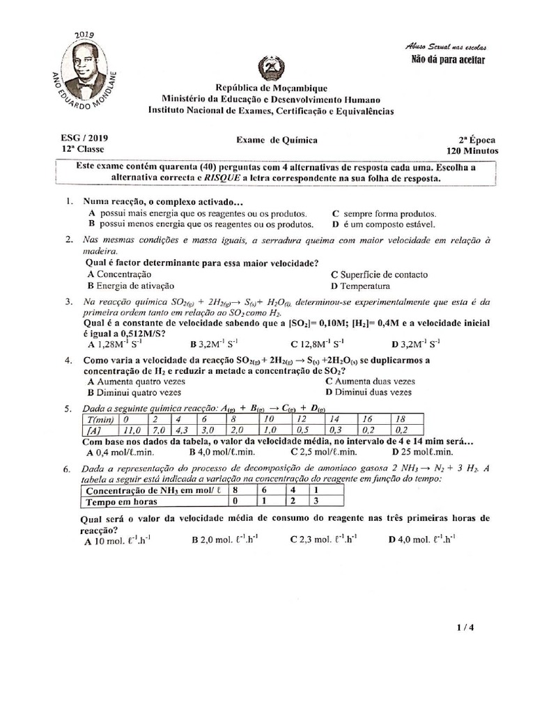 Quimica-12a Classe-2019-2a Epoca | PDF